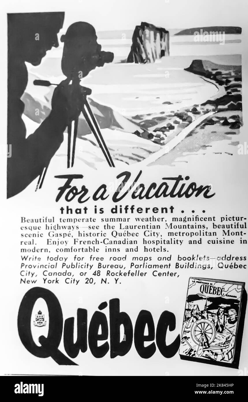 Quebec for a vacation advert in a NatGeo magazine, 1954 Stock Photo - Alamy