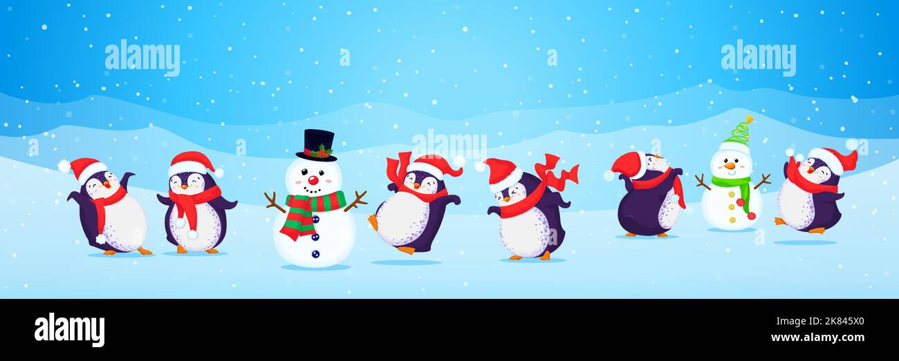 Banner made with a set of Christmas cartoon cute dancing penguins ans ...