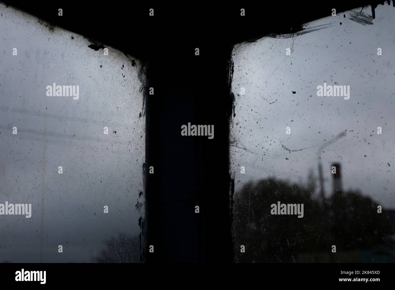 Old window on grey day. Cloudy weather outside window. Gloomy interior ...