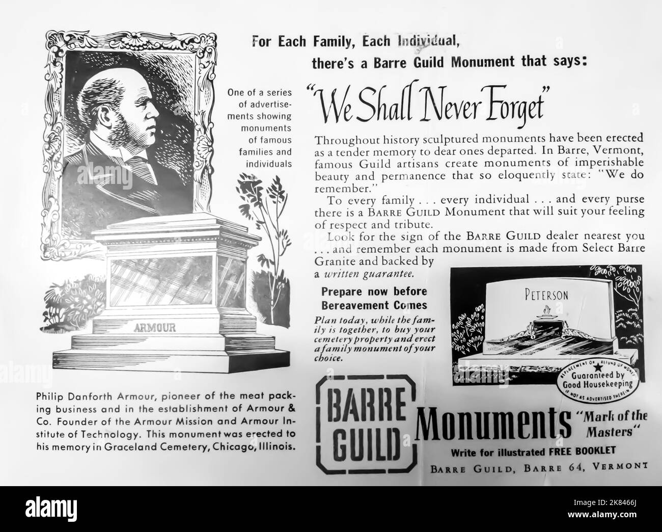 Barre Guild funeral monuments advert in a NatGeo magazine, 1954 Stock ...