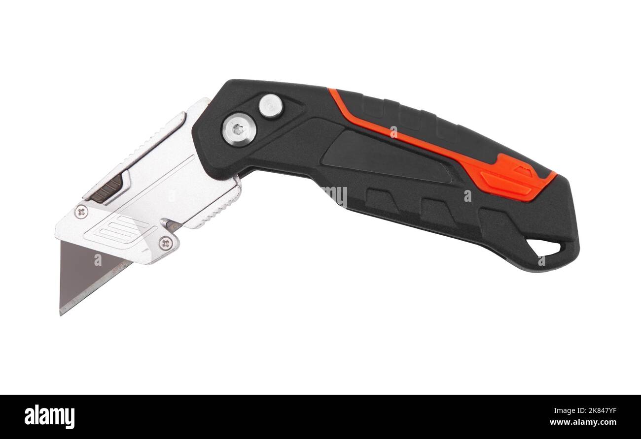 Black utility knife isolated on a white background Stock Photo - Alamy