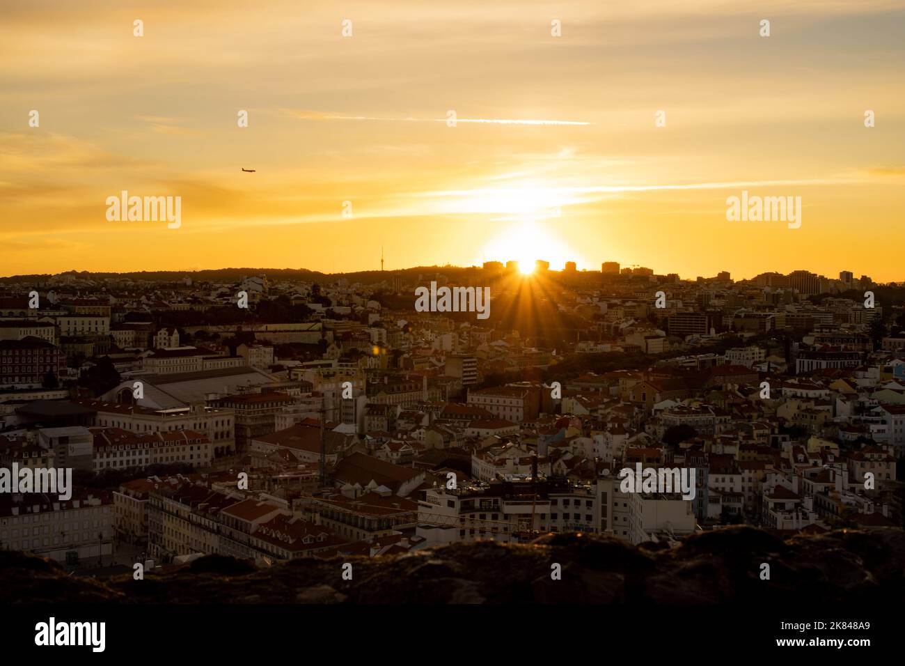 Lisbon city old town landscape during sunset. Golden hour in Lisbon ...