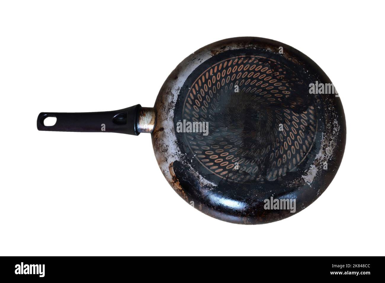 Old and dirty frying pan isolated on white background. Top view Stock ...