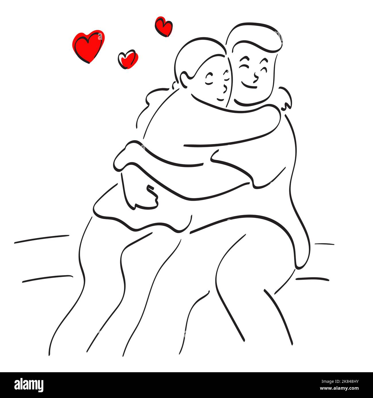 Young couple in love hugging with heart illustration vector hand drawn ...