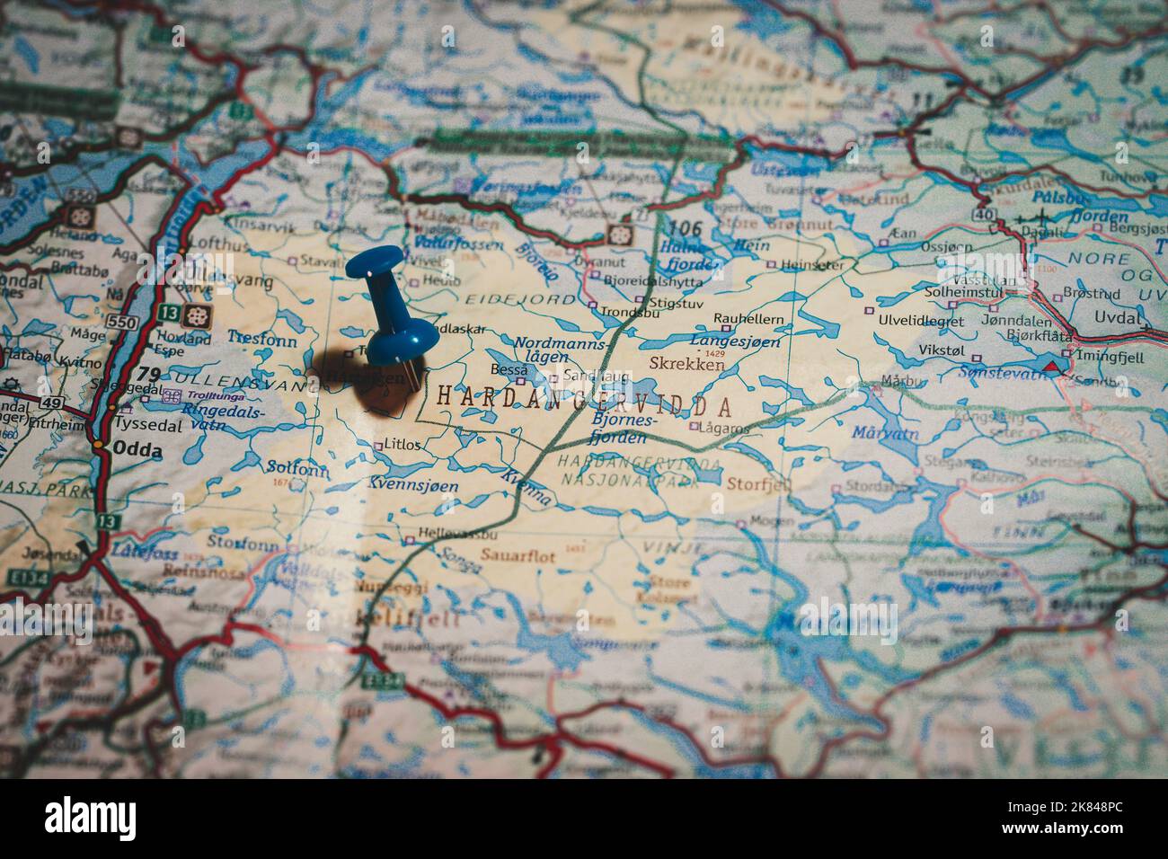 Hardangervidda, Norway, blue pinhead on map Stock Photo - Alamy