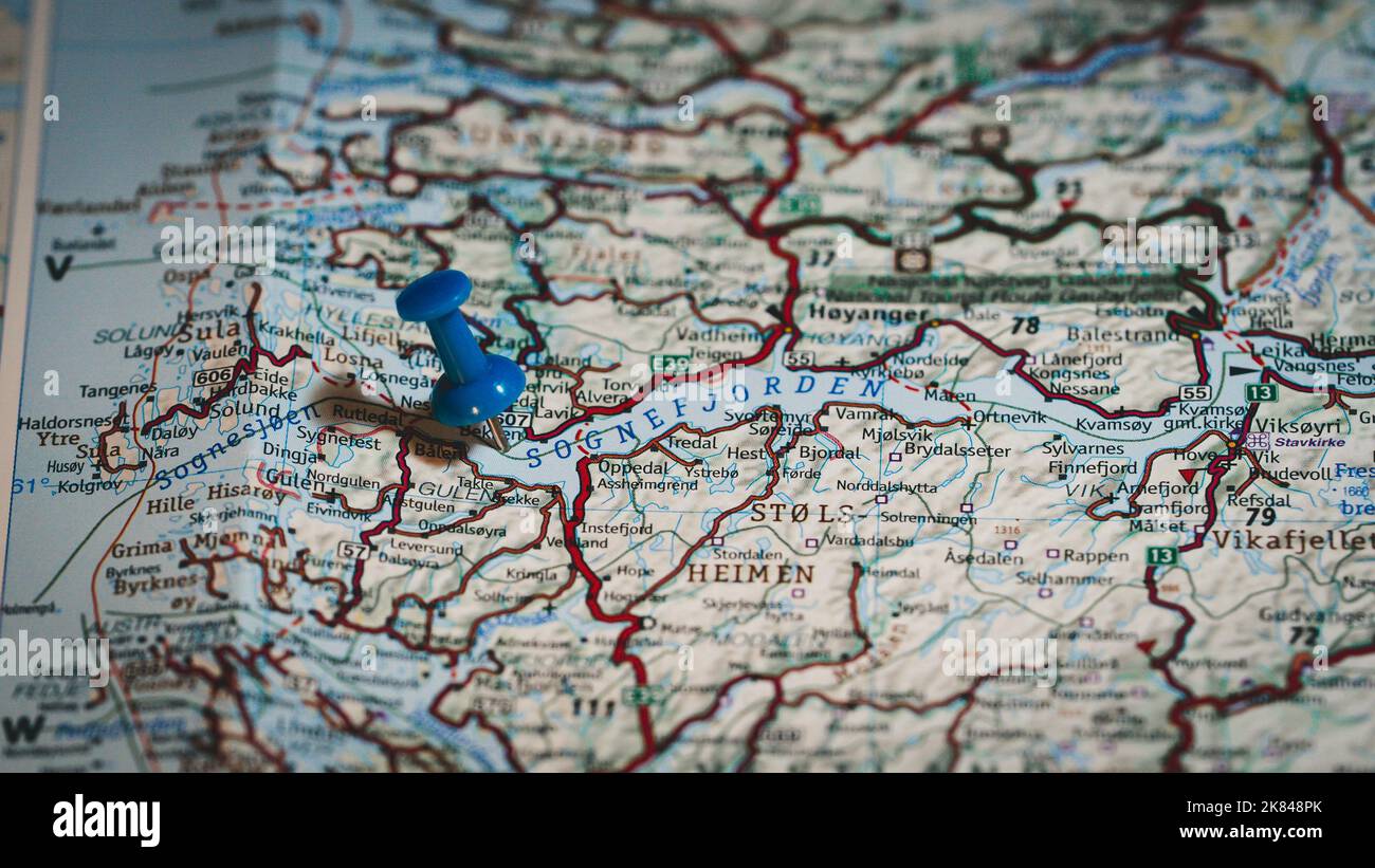 Sognefjorden, Norway, blue pinhead on map Stock Photo - Alamy