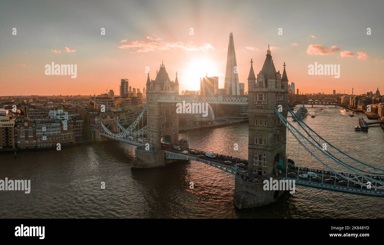 Aerial view of the London Tower Bridge at sunset Stock Photo - Alamy