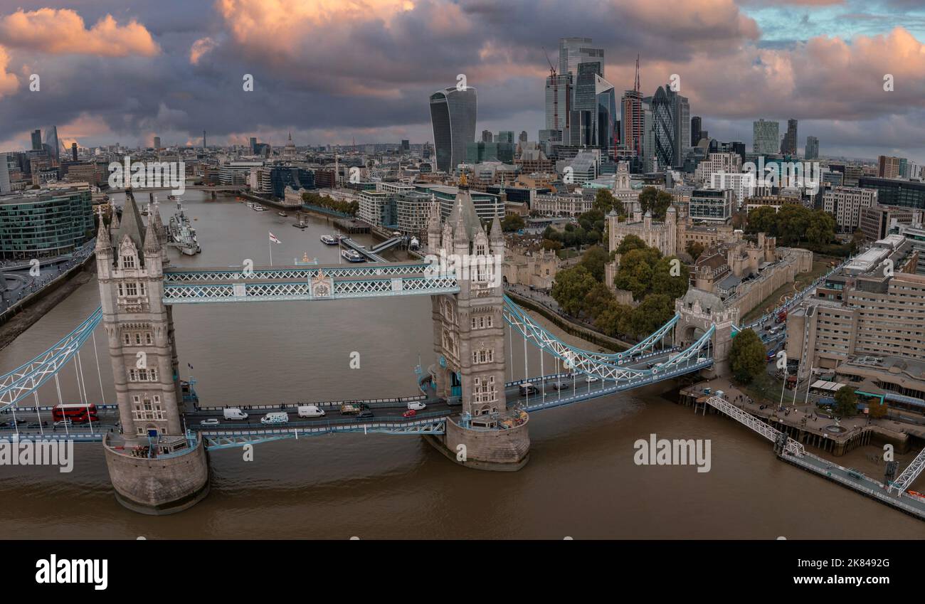 Aerial view of the Tower bridge, central London, from the South bank of ...