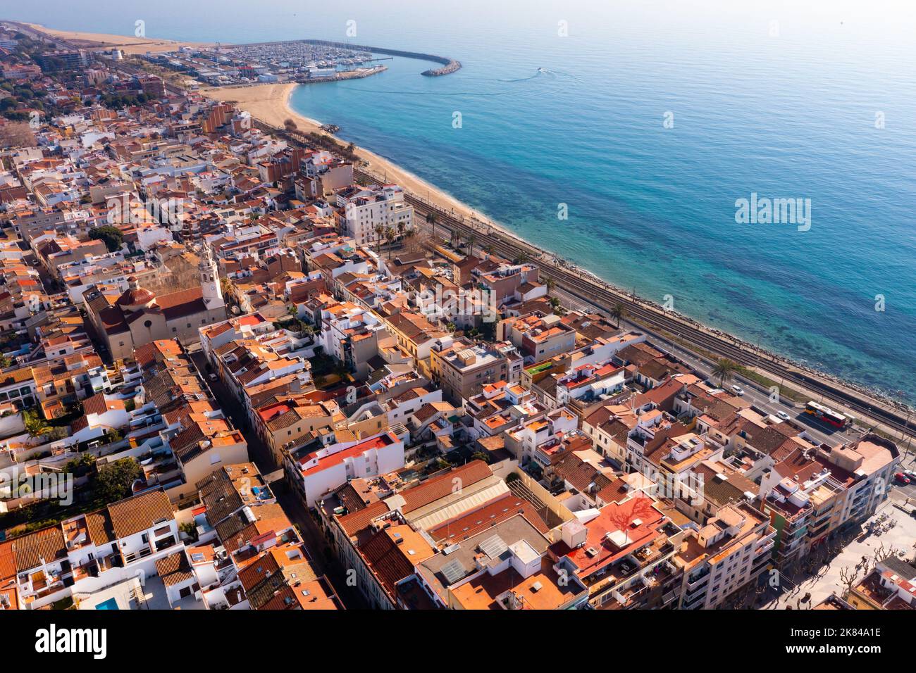 Drone view of seaside areas of Catalan city of Premia de Mar Stock ...