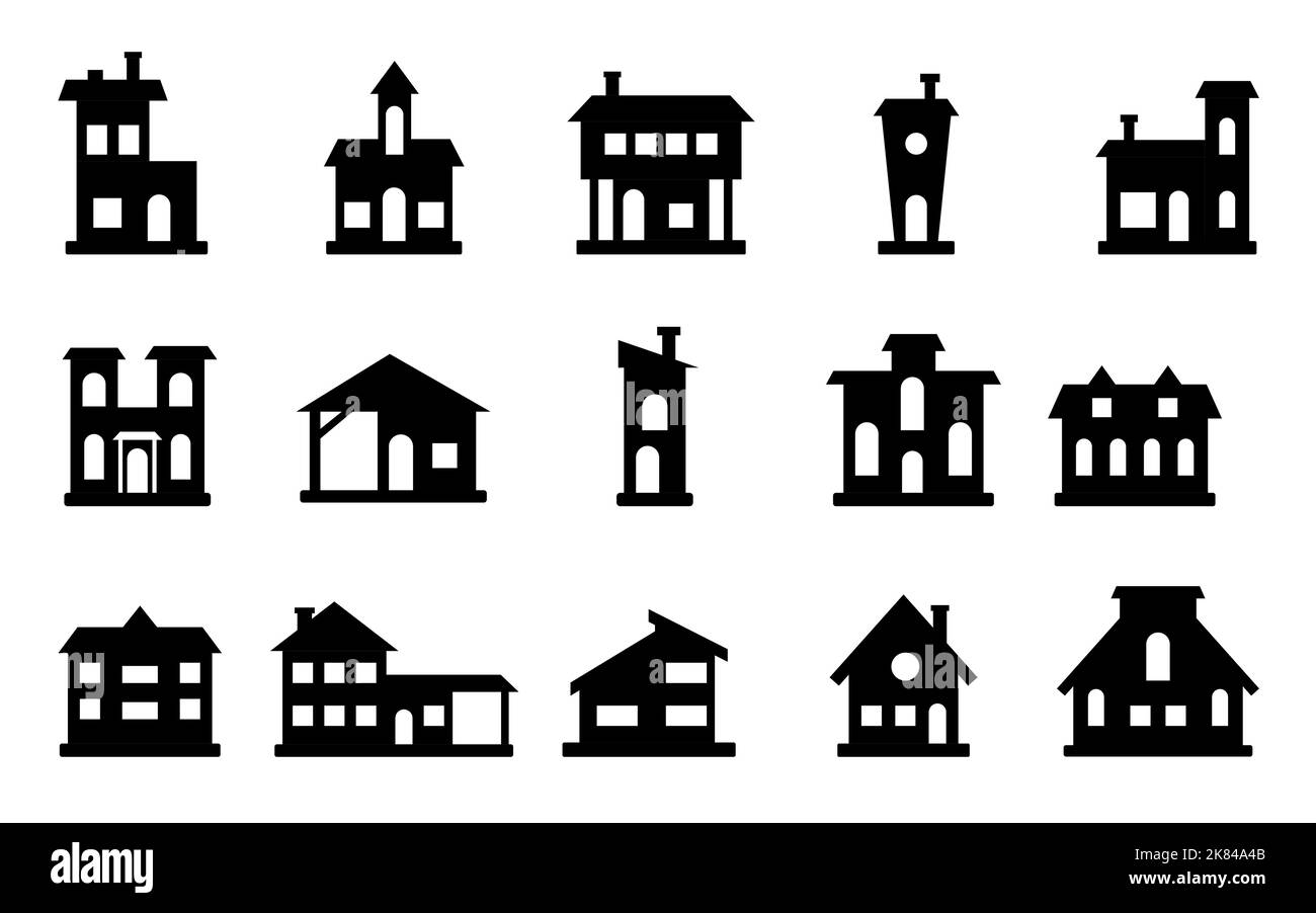 Houses exterior front view flat icon set. Residential townhouse ...