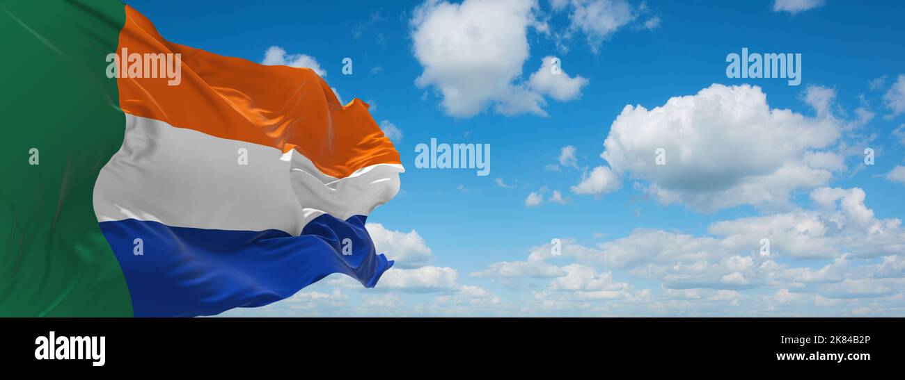 flag of Afrikaner Vryheids, africa at cloudy sky background, panoramic ...