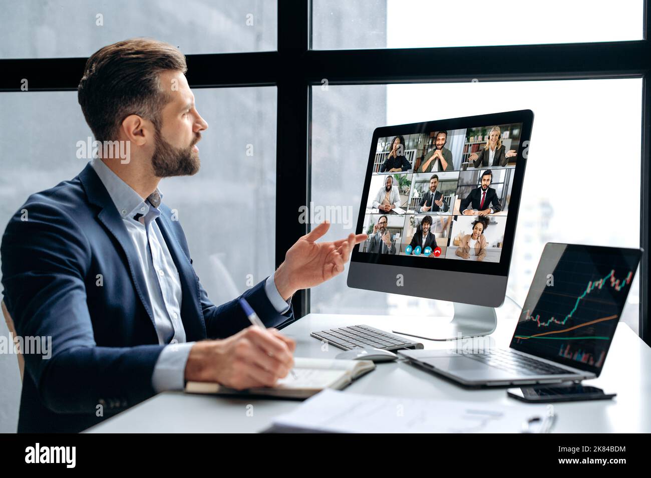 Clever successful businessman conducts brainstorm. Company boss, stock ...