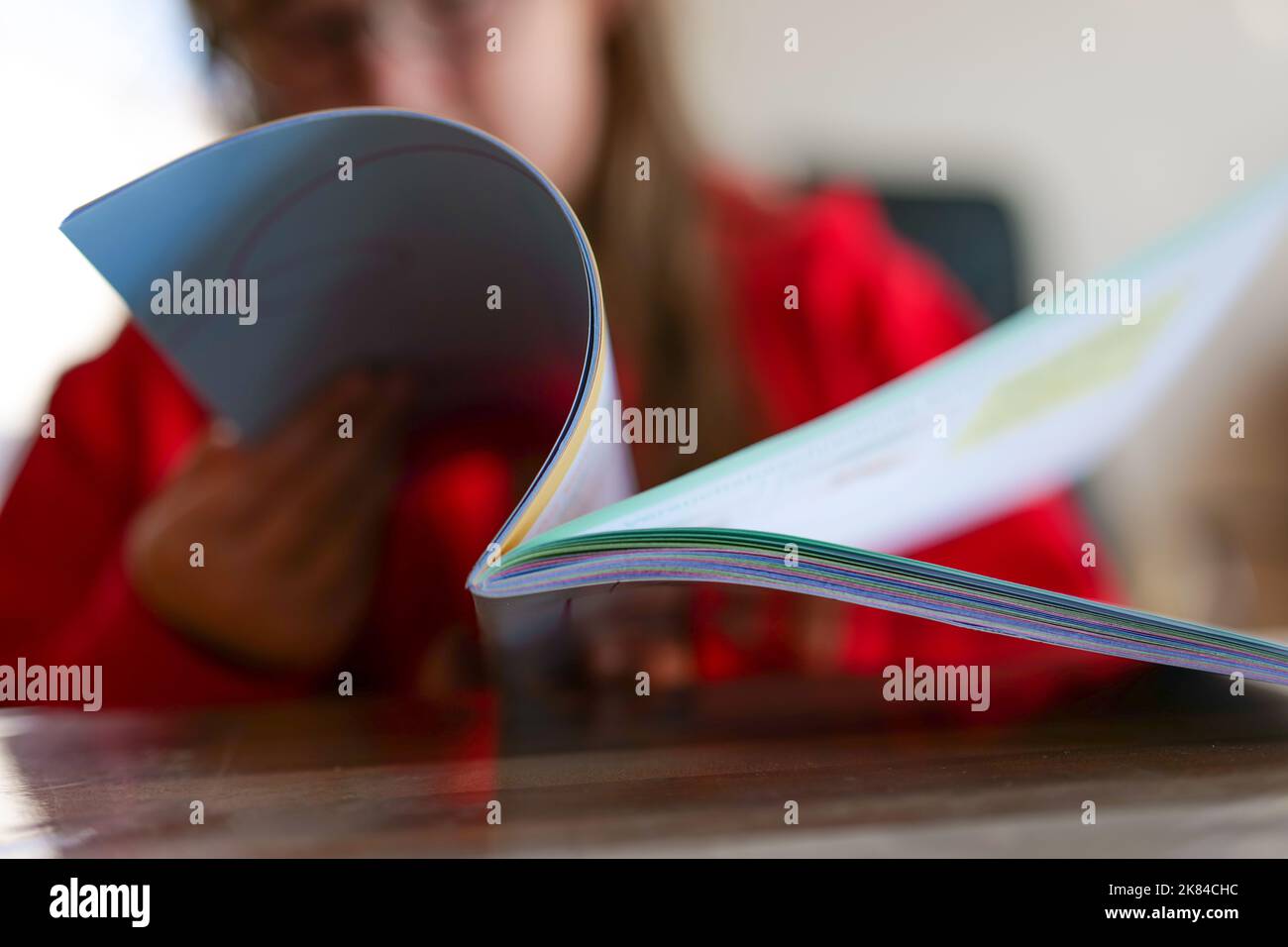 Girl in a red sweatshirt with an open book. Soft focus. Study and ...