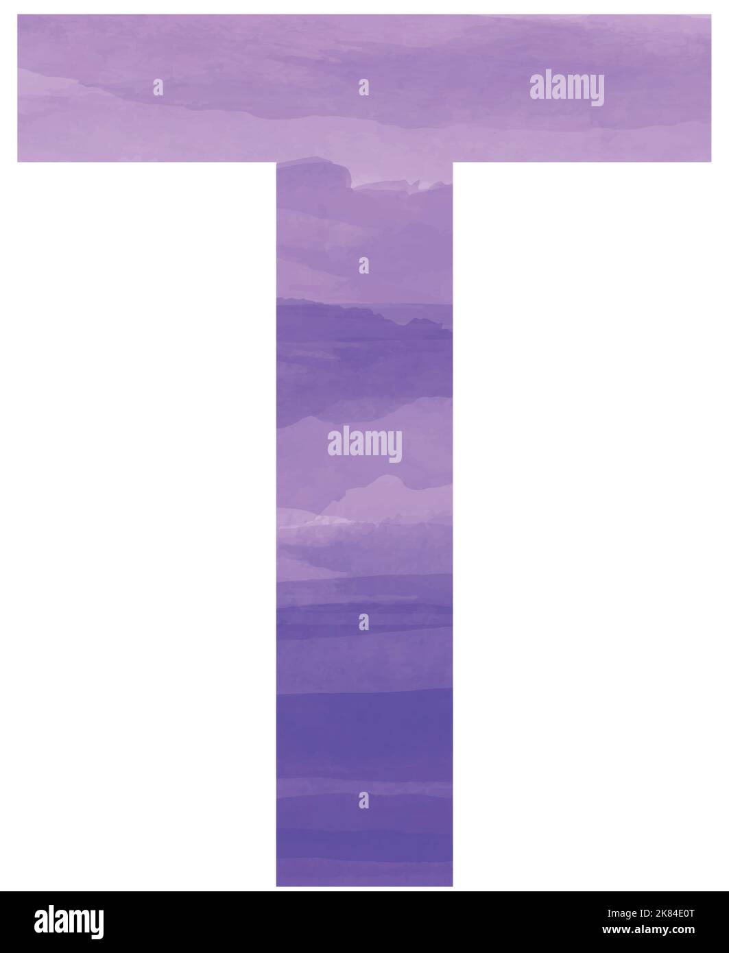 English alphabet, letter T painted with watercolor blue blue paints ...