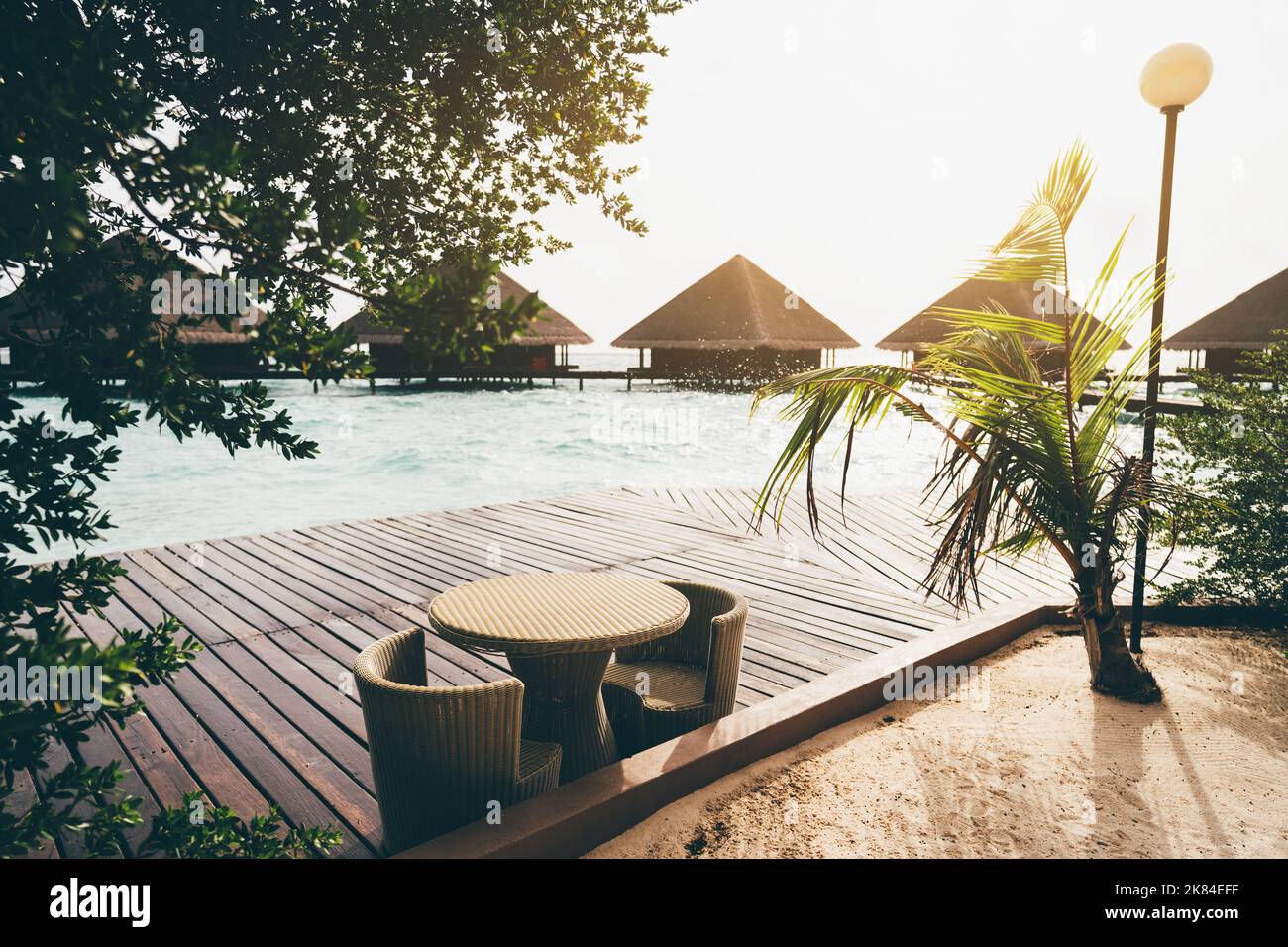 View of a coastal area of a luxury Maldives resort with a selective ...