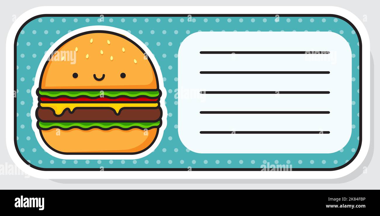 Notebook label. Cute burger. Baby stickers. Vector illustration Stock ...