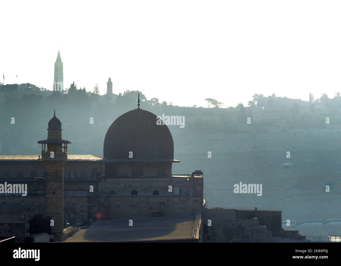 Sunrise over the Al-Aqsa mosque and the Russian Orthodox Church of the ...