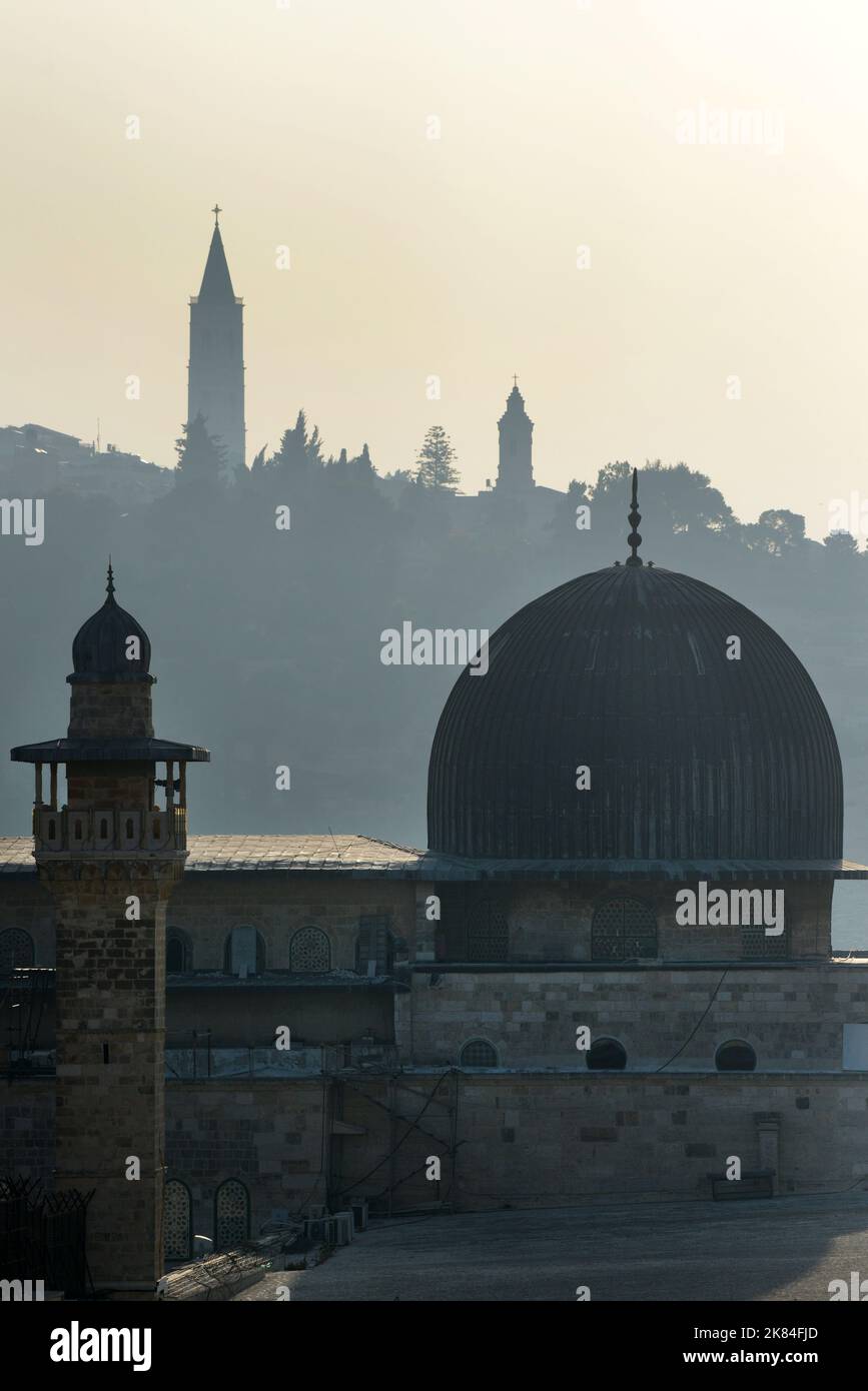 Sunrise over the Al-Aqsa mosque and the Russian Orthodox Church of the ...