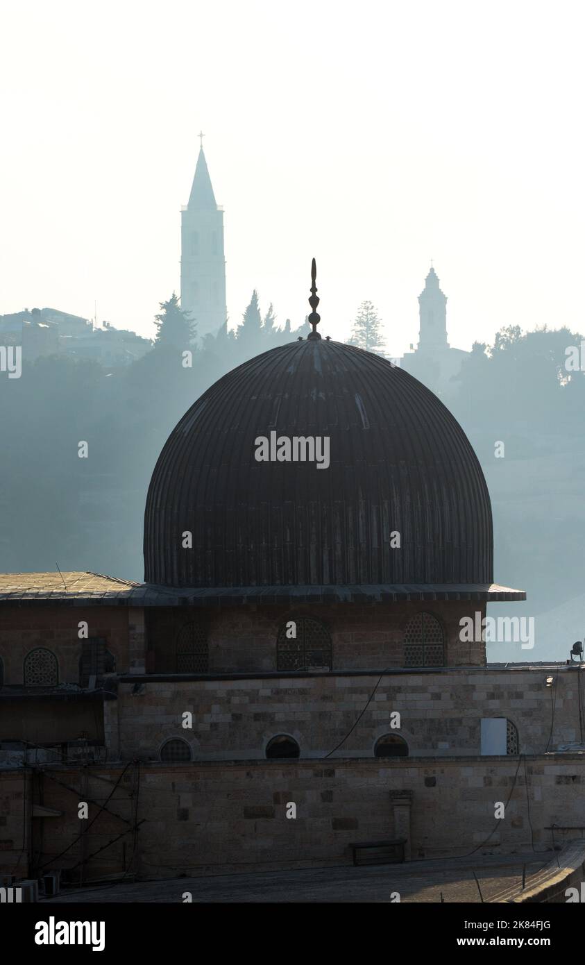 Sunrise over the Al-Aqsa mosque and the Russian Orthodox Church of the ...