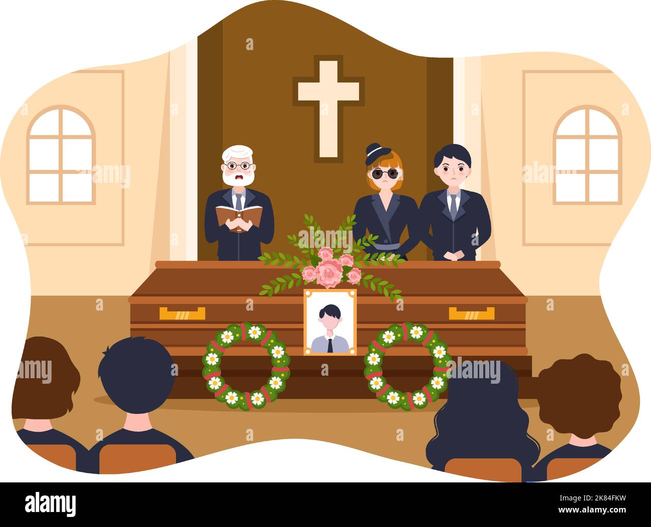 Funeral Ceremony in Grave of Sad People in Black Clothes Standing and ...