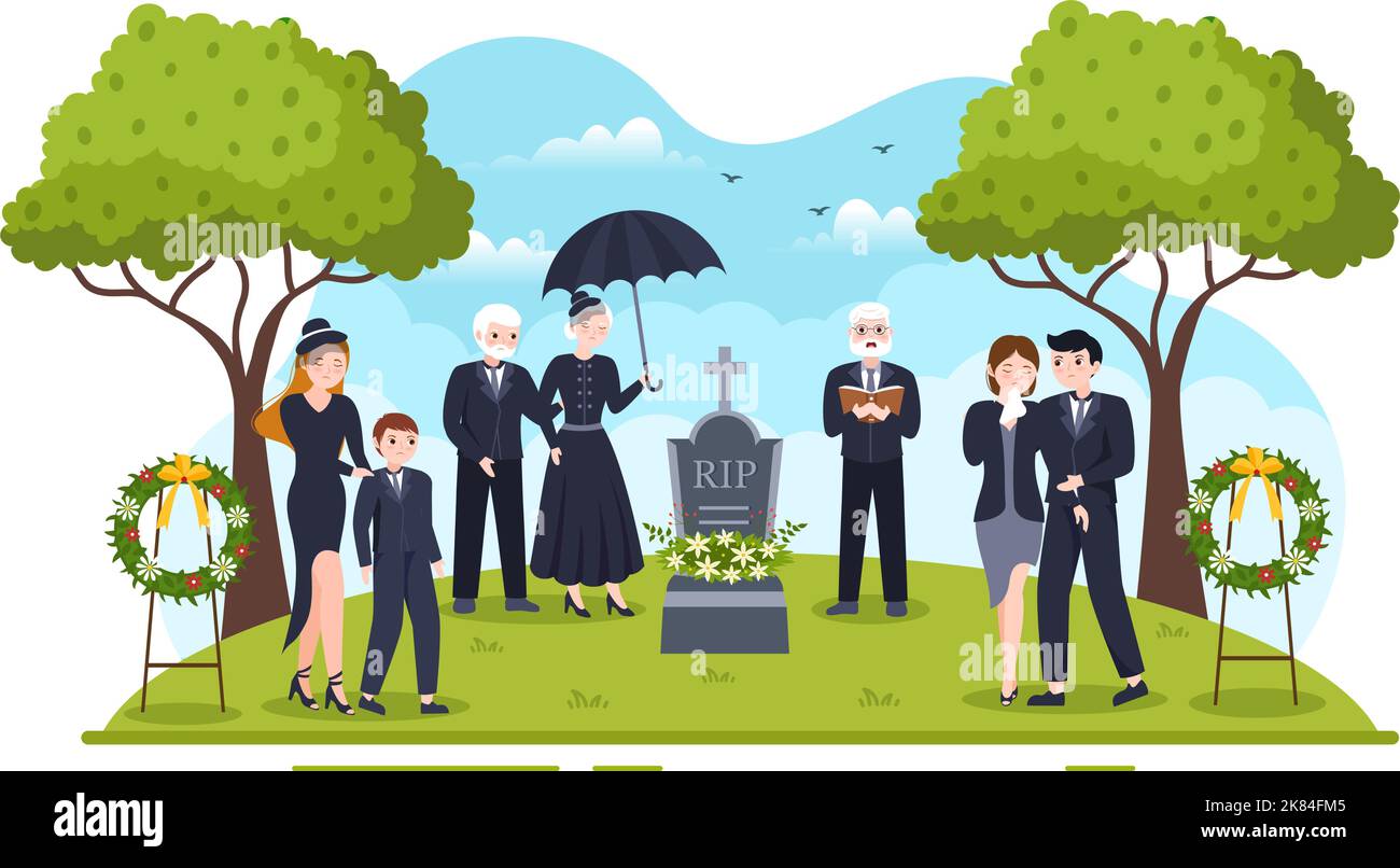 Funeral Ceremony in Grave of Sad People in Black Clothes Standing and ...