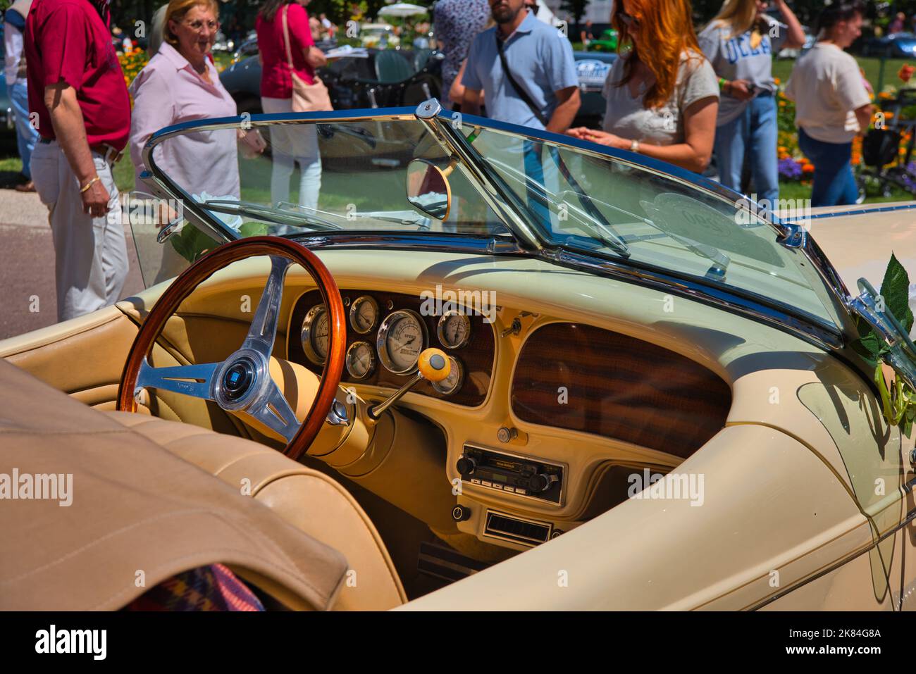 BADEN BADEN, GERMANY - JULY 2022: leather interior of beige 1935 AUBURN ...