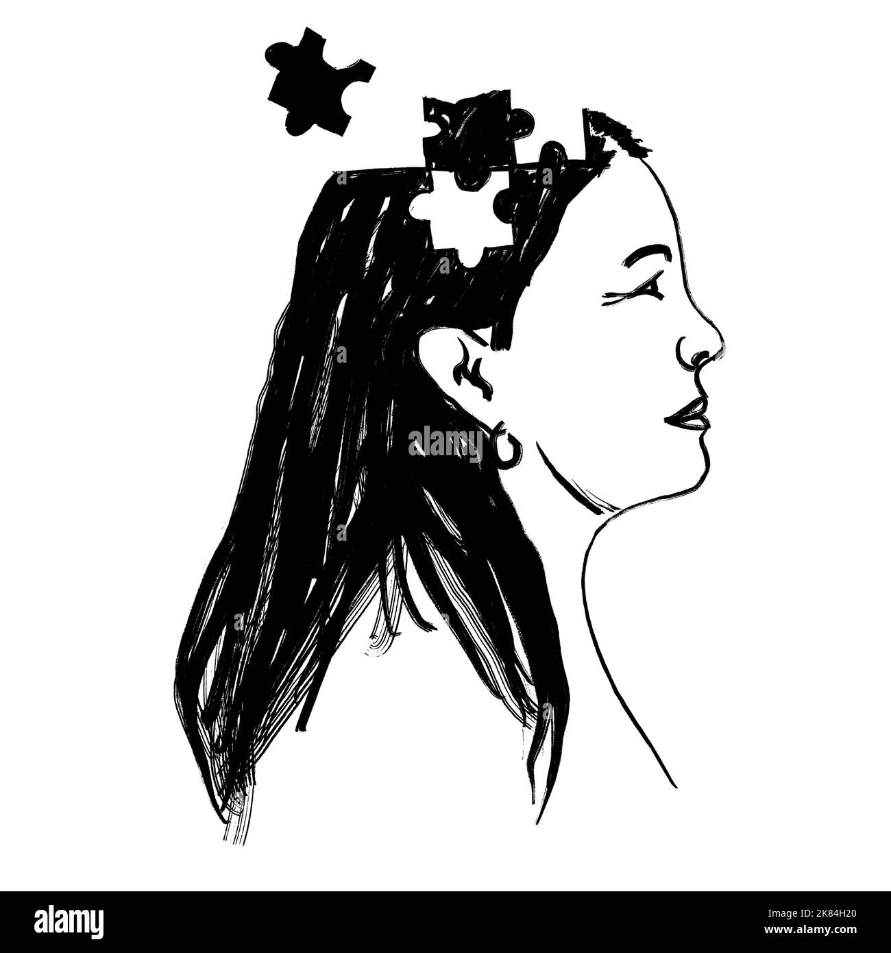 Hand drawn illustration woman head with jigsaw puzzle pieces ...