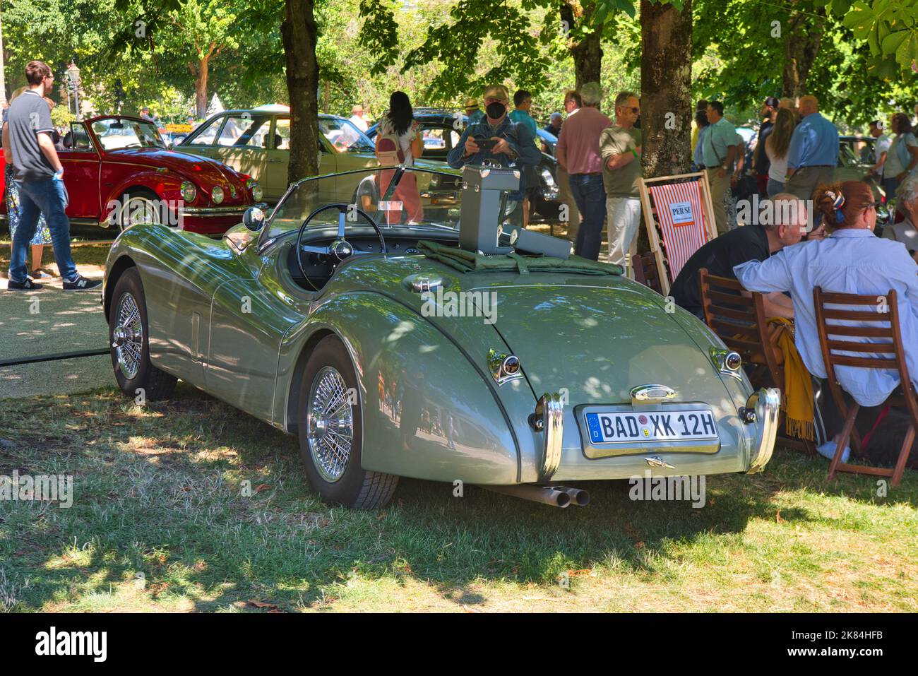 BADEN BADEN, GERMANY - JULY 2022: gray silver 1952 JAGUAR XK120 ROADSTER cabrio, oldtimer ...