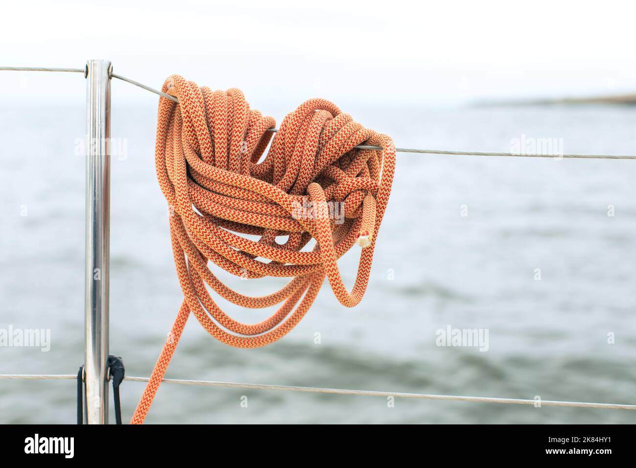 Yacht accessories, rope on the metal rope of the boat. Front view Stock ...
