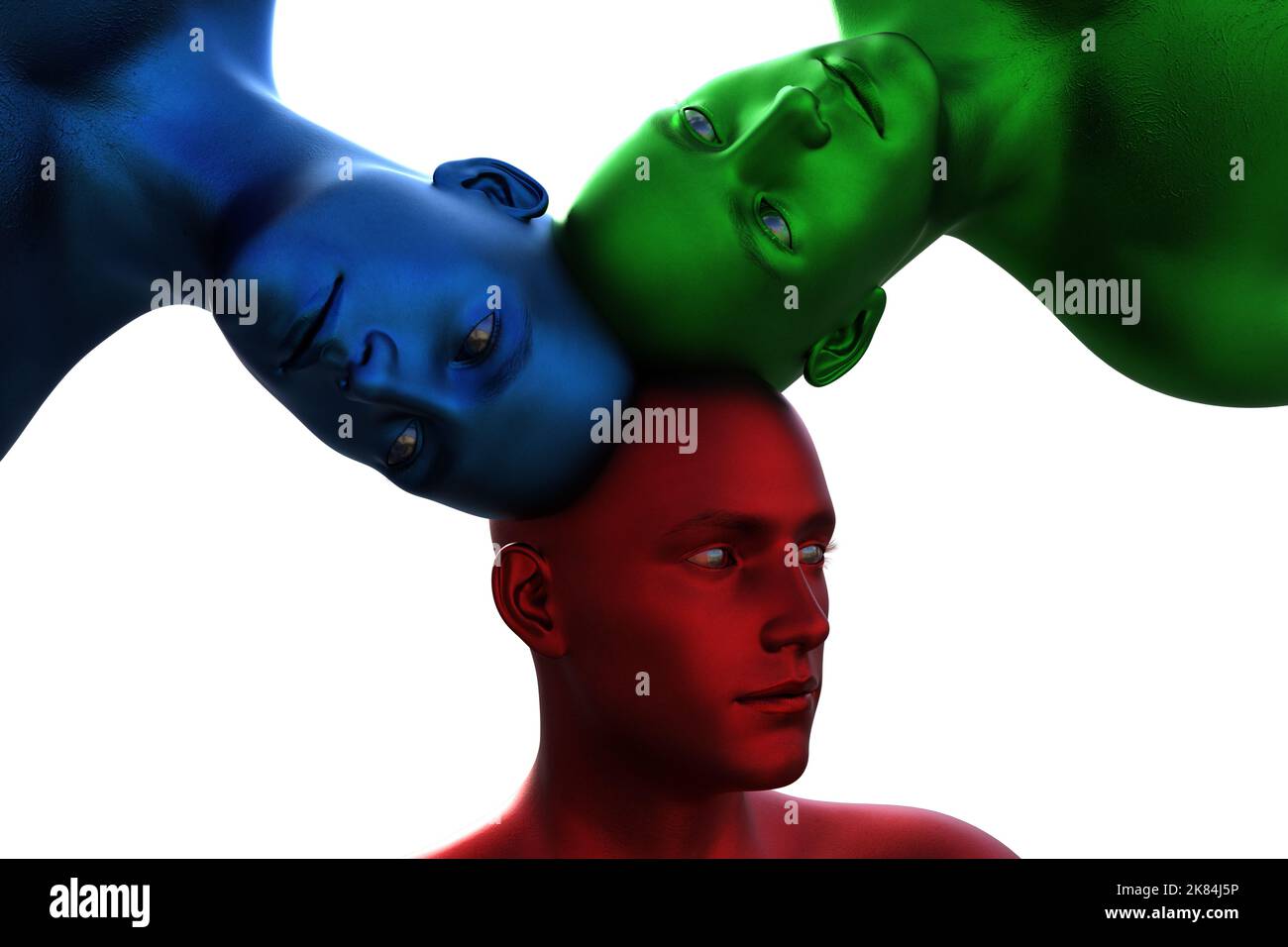 3d model. 3 multicolored male heads growing out of each other. group ...