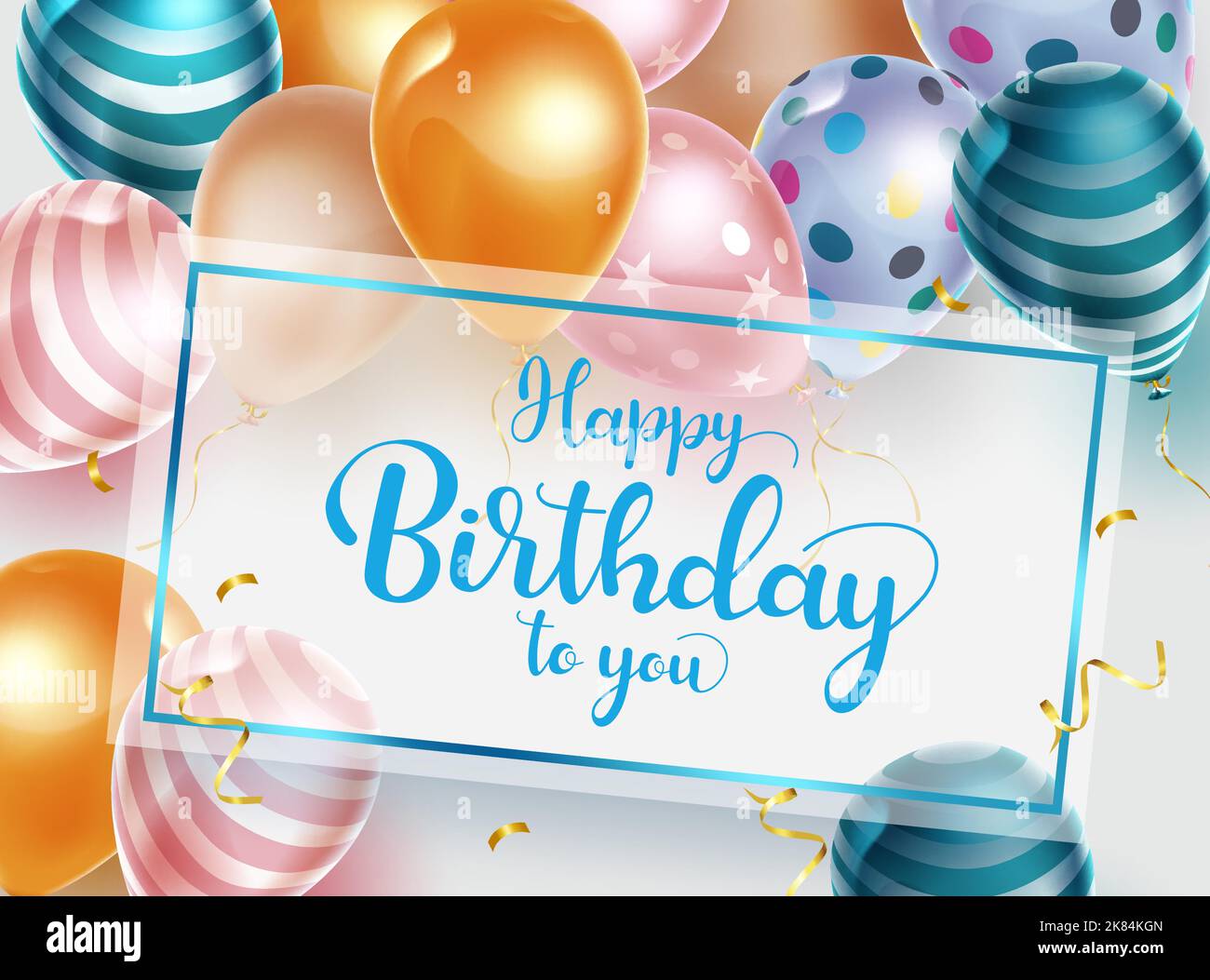 Birthday greeting vector template design. Happy birthday text in frame with colorful balloons ...