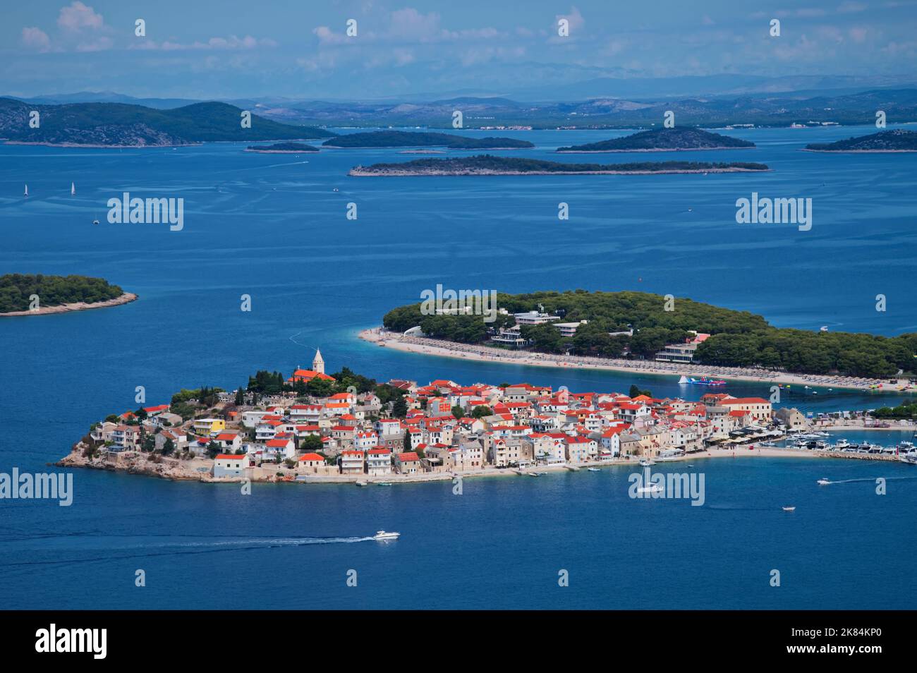 Mediterranean seascape with lot of islands and historic town on ...