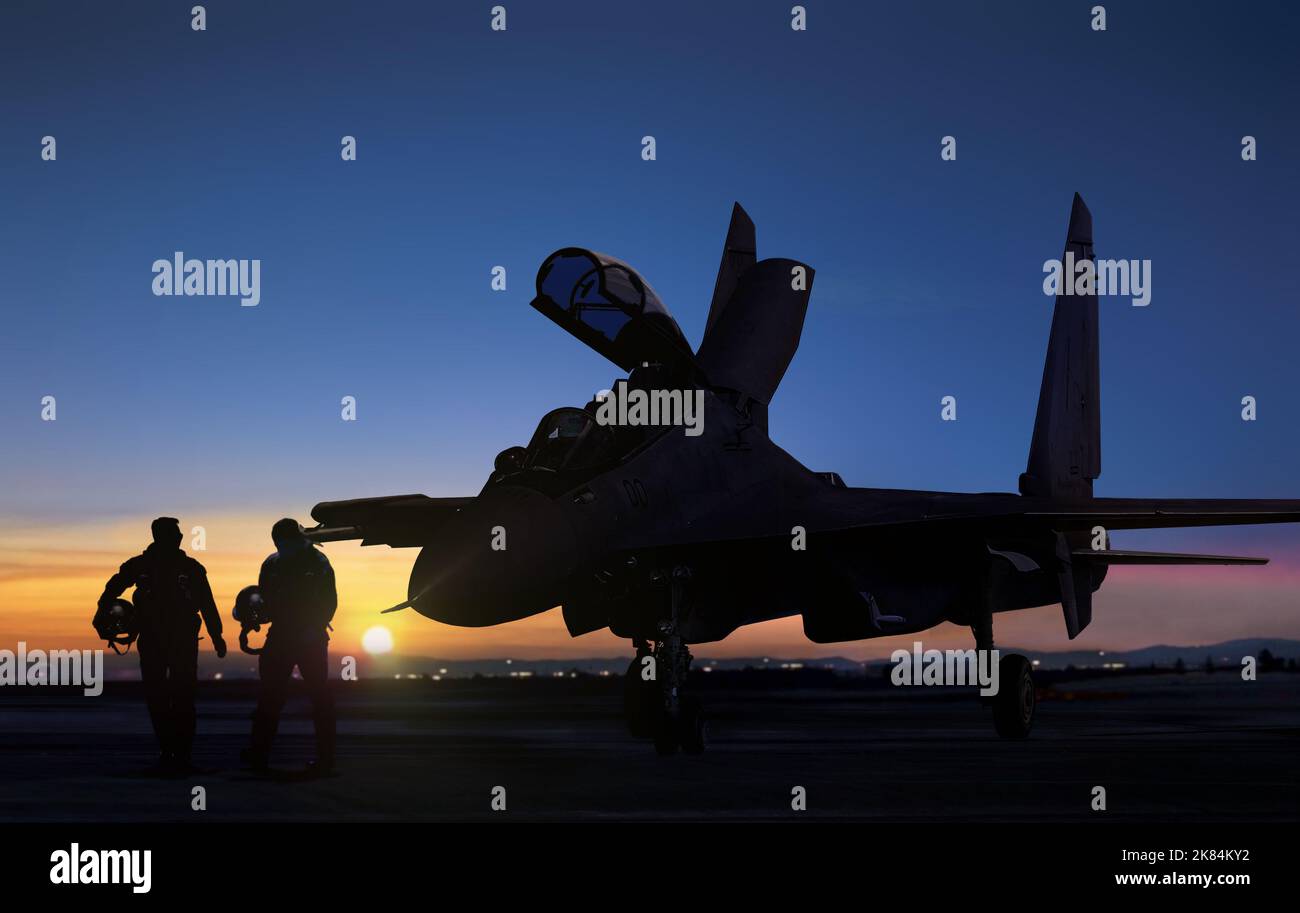 Jet fighter pilot walking during sunset at air force base airfield ...