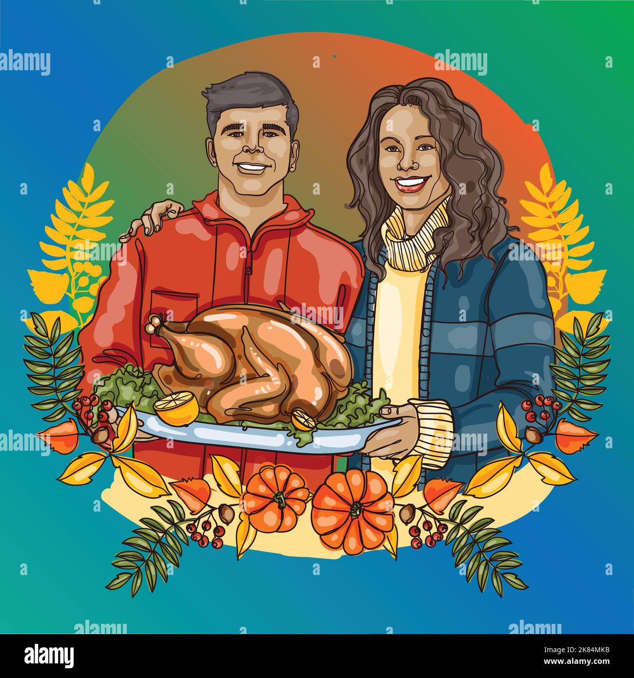 hand drawn people celebrating thanksgiving vector design illustration ...