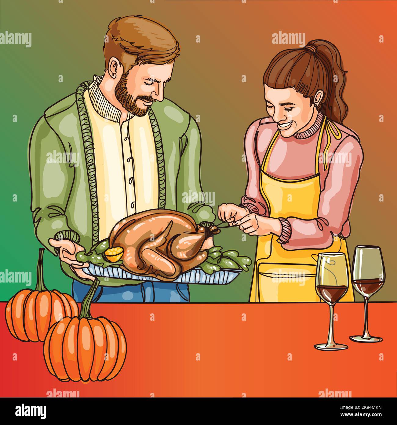 hand drawn people celebrating thanksgiving vector design illustration ...