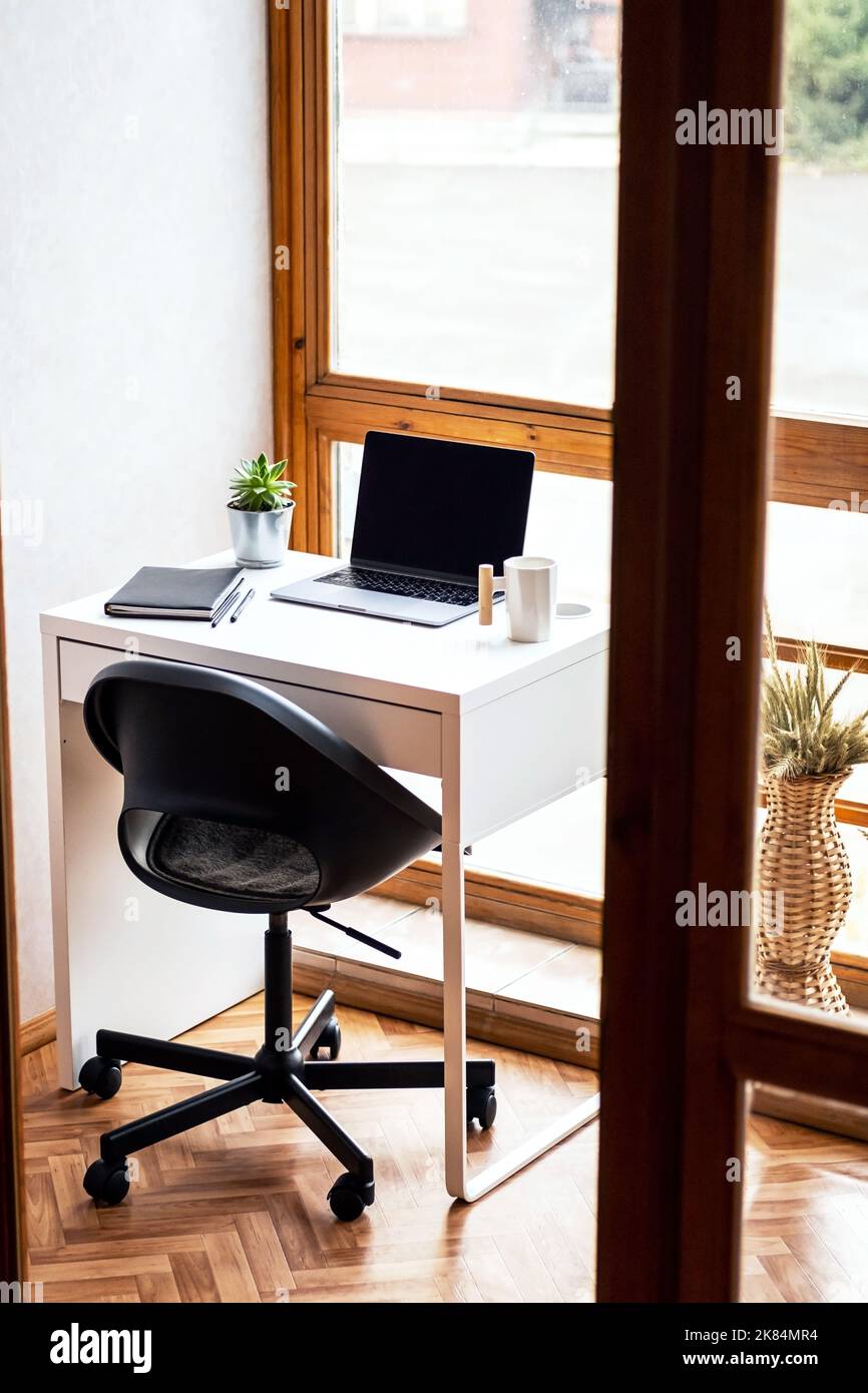 Cozy workplace on balcony. Home office space background Stock Photo - Alamy
