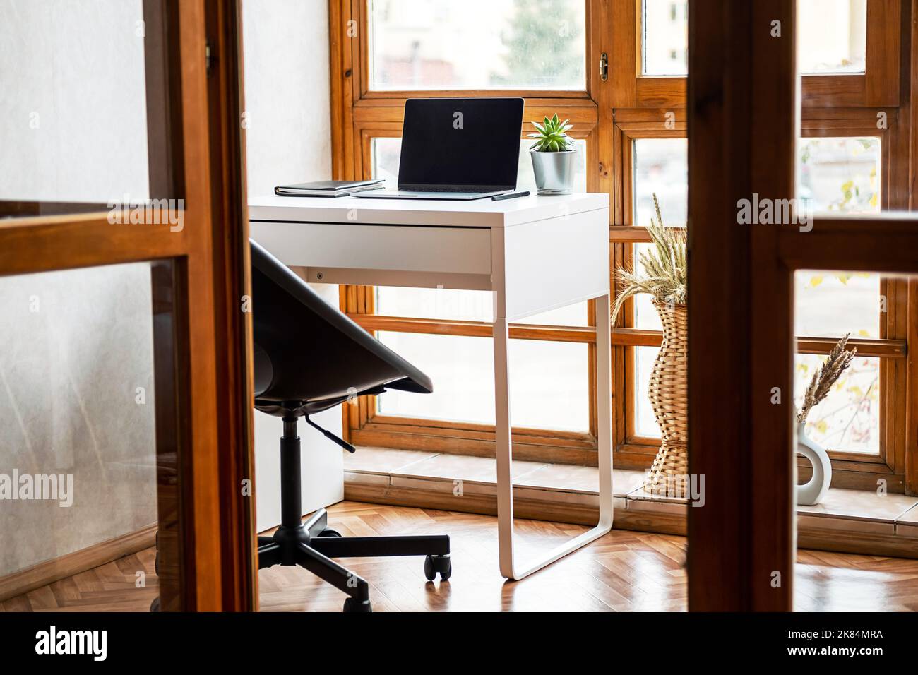 Cozy workplace on balcony. Home office space background Stock Photo - Alamy