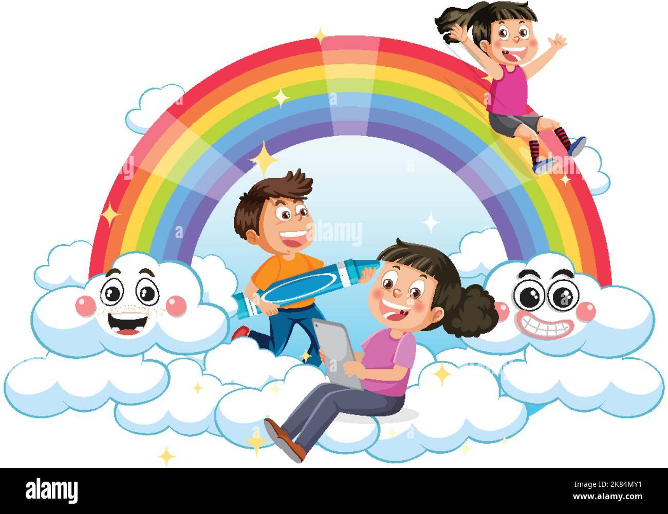 Happy children with rainbow illustration Stock Vector Image & Art - Alamy