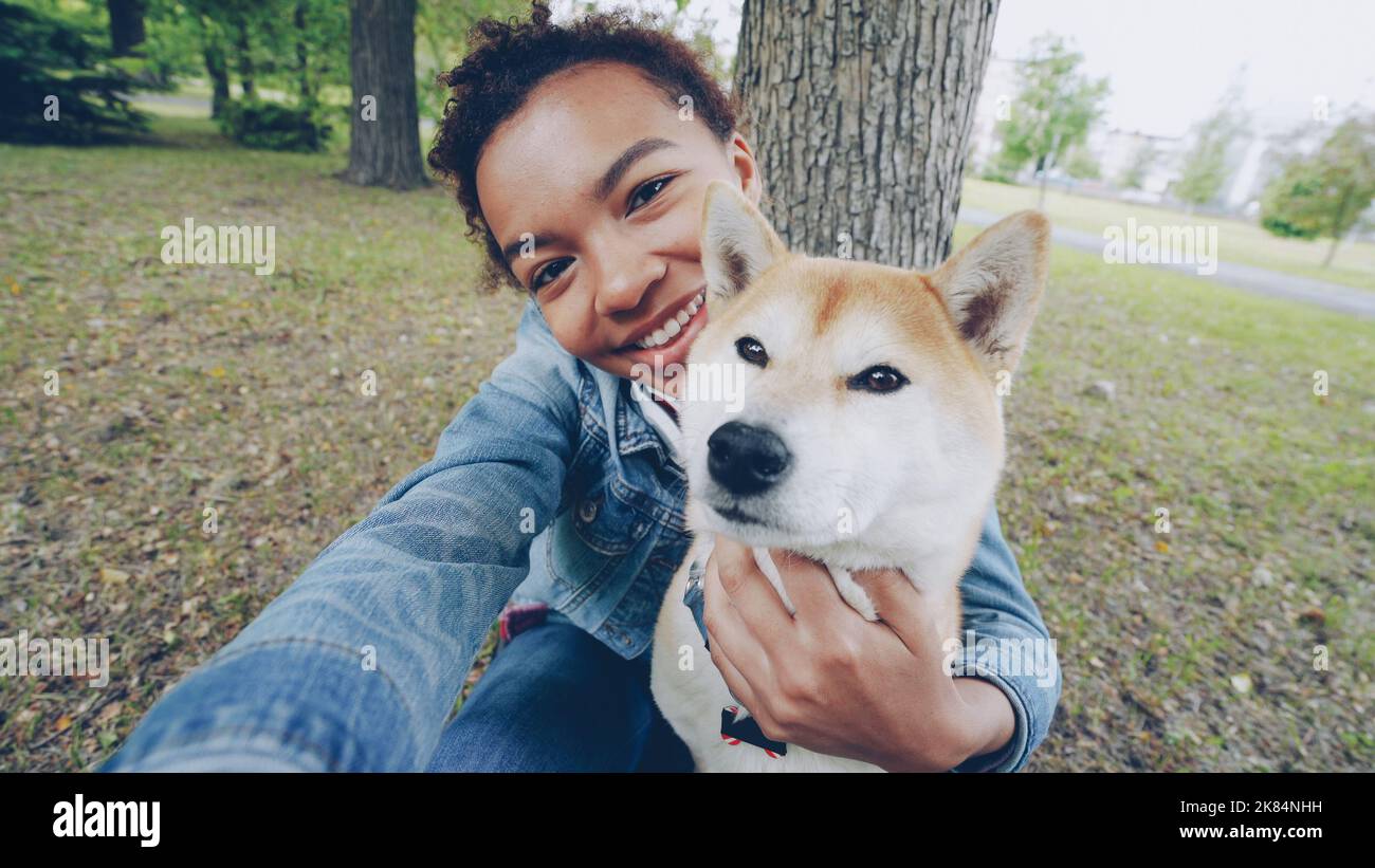 Point of view shot of cheerful African American teenage girl taking selfie with adorable shiba ...