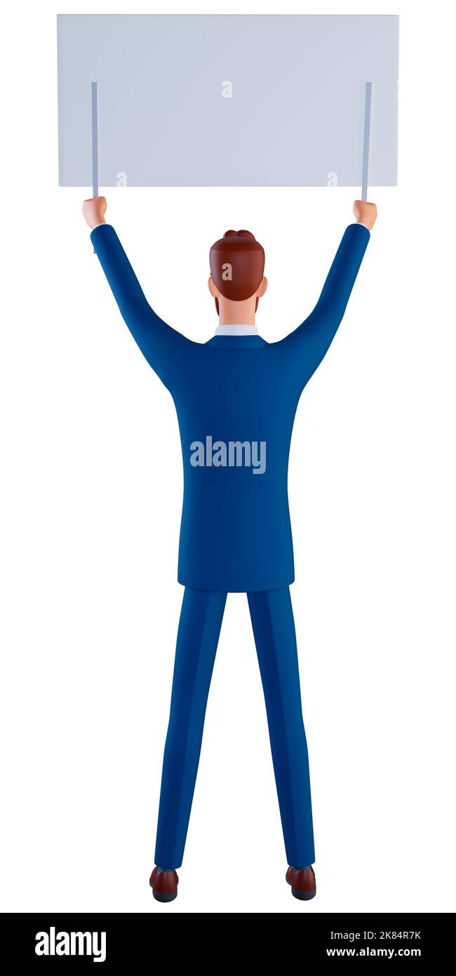 3d character illustration Back view businessman showing signboard. Rear ...