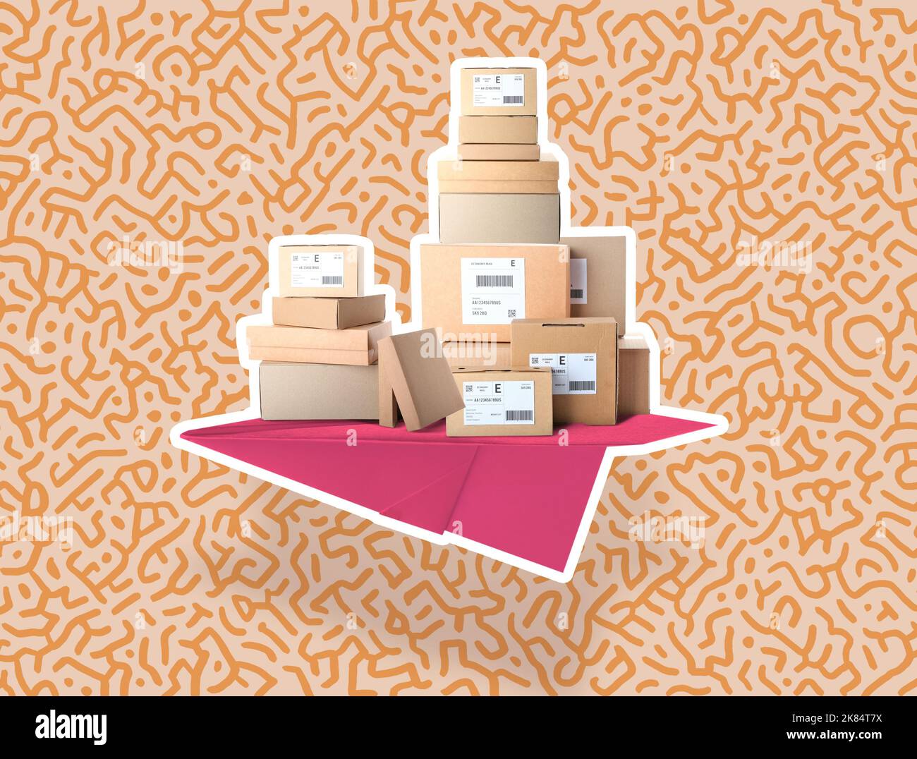 Paper airplane and many parcels on color background. Concept of air ...
