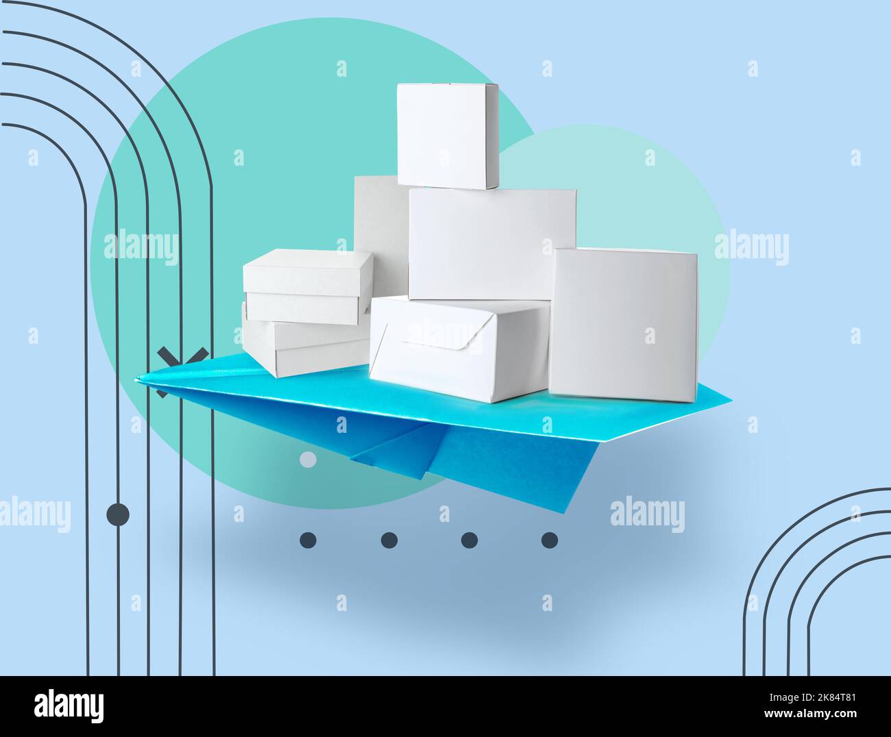 Paper airplane and many parcels on light blue background. Concept of ...