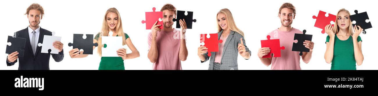 Set of people with pieces of jigsaw puzzle on white background Stock ...