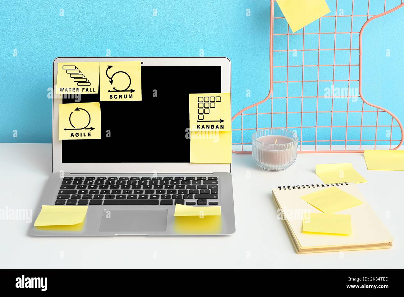 Sticky notes with different methods of software development on laptop ...