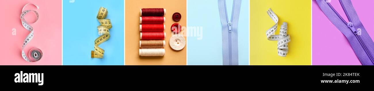 Collage of tailor's measuring tapes with threads, buttons and zippers ...