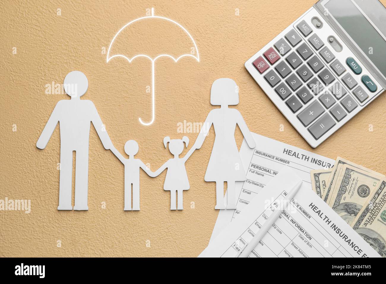 Figure of family with calculator, dollar banknotes and health insurance ...