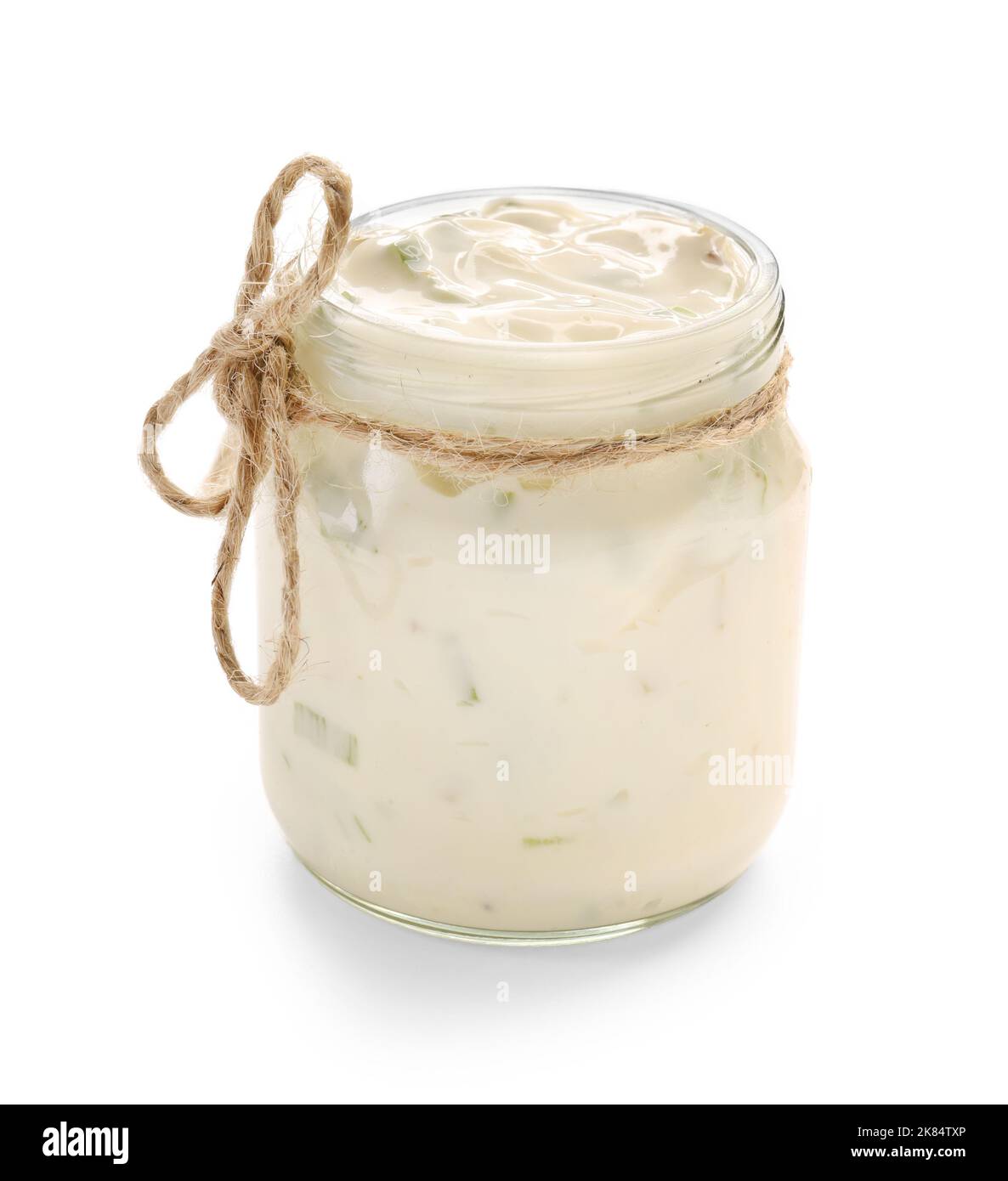 Jar with delicious Caesar sauce on white background Stock Photo - Alamy