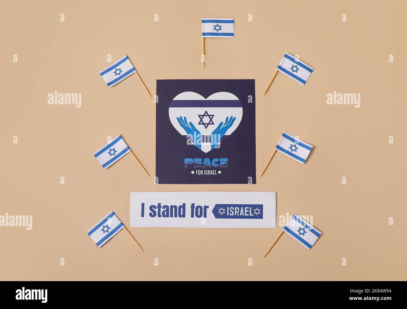 Flags of Israel and cards with text PEACE FOR ISRAEL and I STAND FOR ...