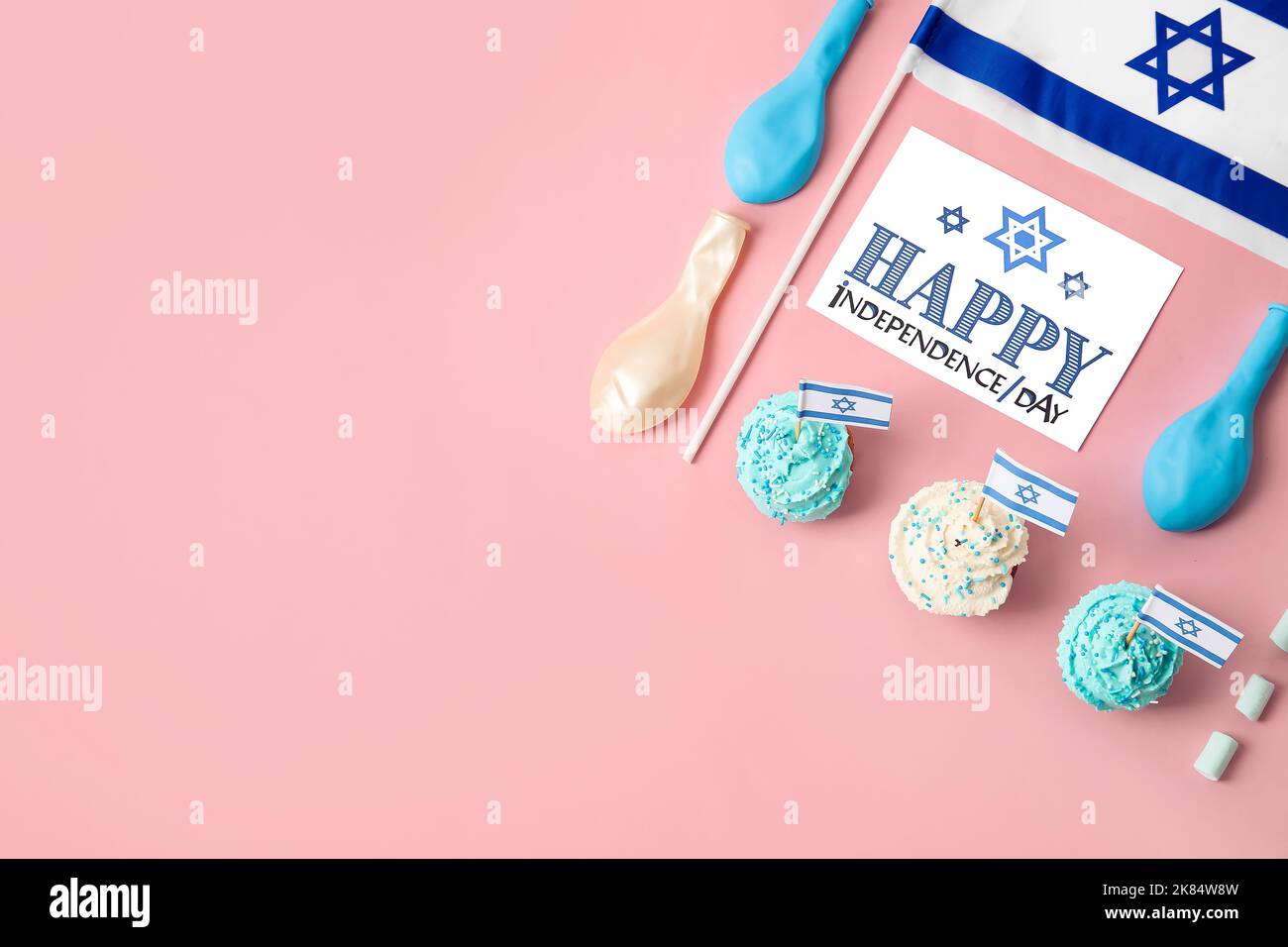 Card with text HAPPY ISRAEL DAY, national flag of Israel and cupcakes ...