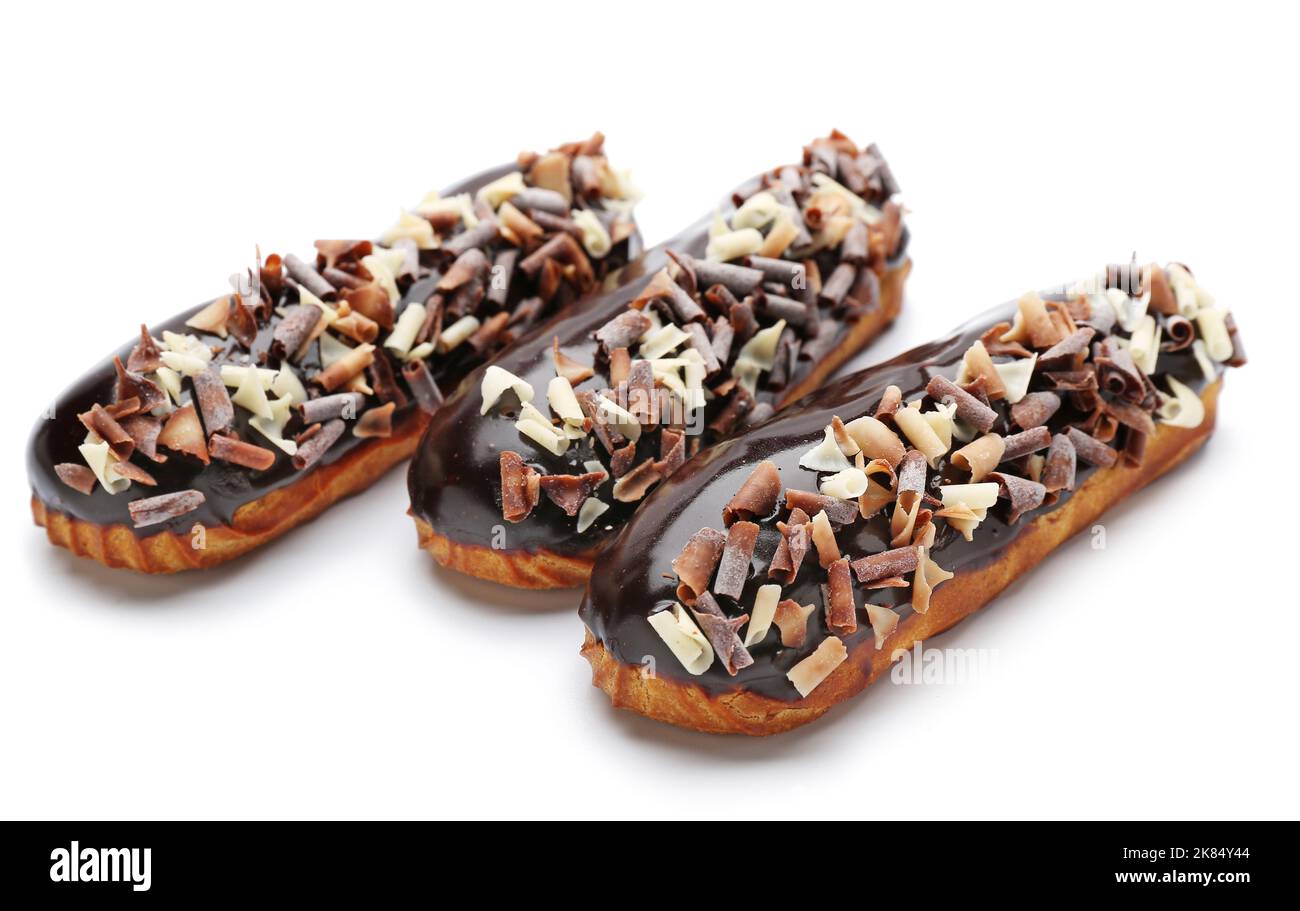Sweet chocolate eclairs isolated on white background Stock Photo - Alamy